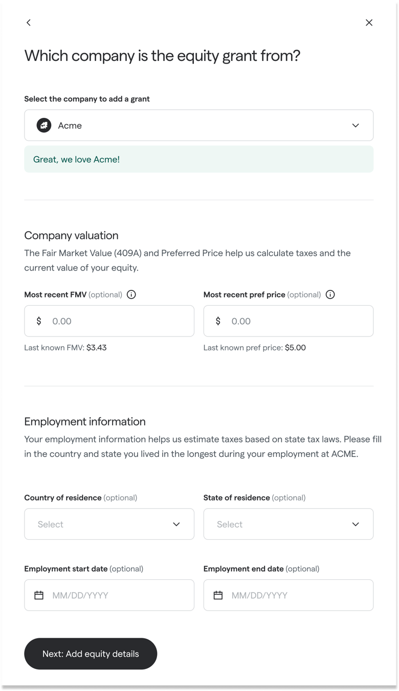 How do I add my equity (ISO, NSO, RSU) details?